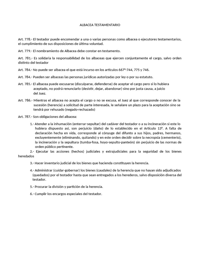 Albacea Testamentario: Funciones y Requisitos | PDF | Albacea | Herencia