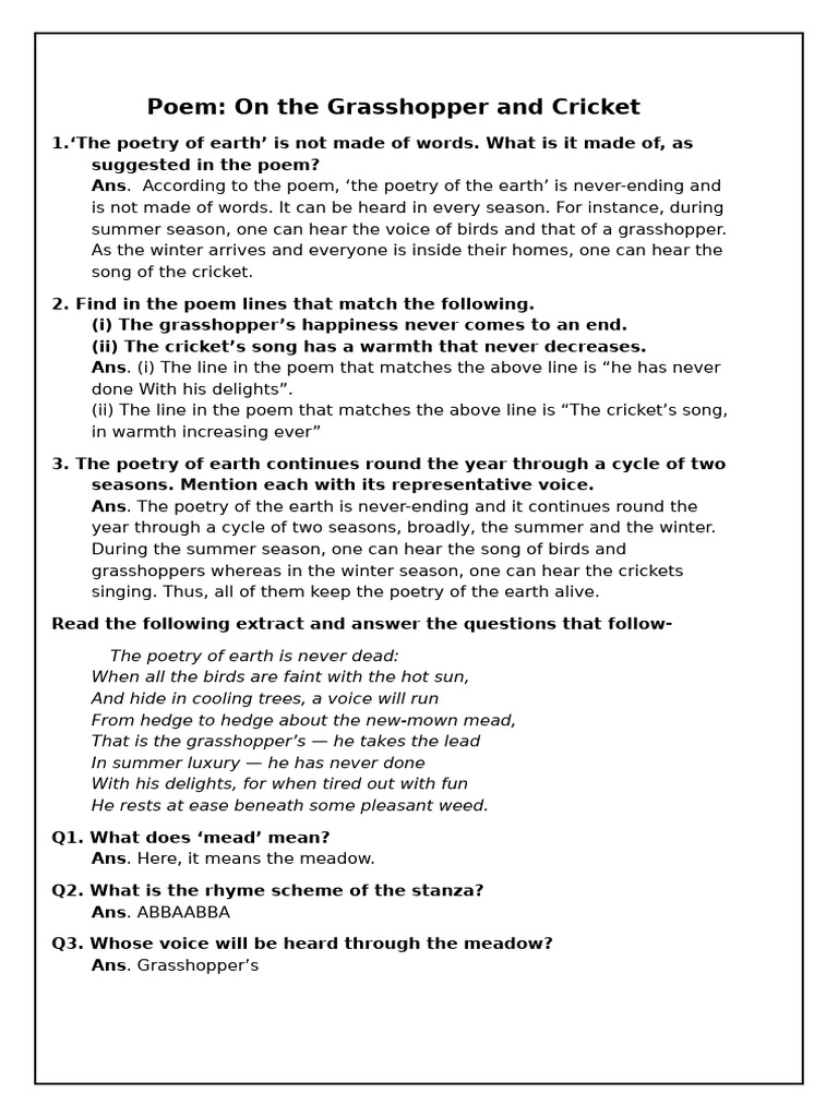 Grade 8. On the Grasshopper and Cricket (Questions) | PDF | Poetry ...