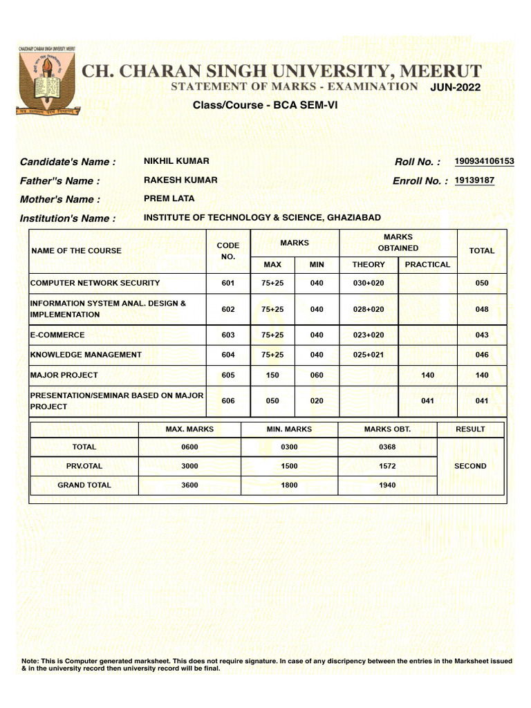 BCA SEM-VI Marksheet - June 2022 | PDF