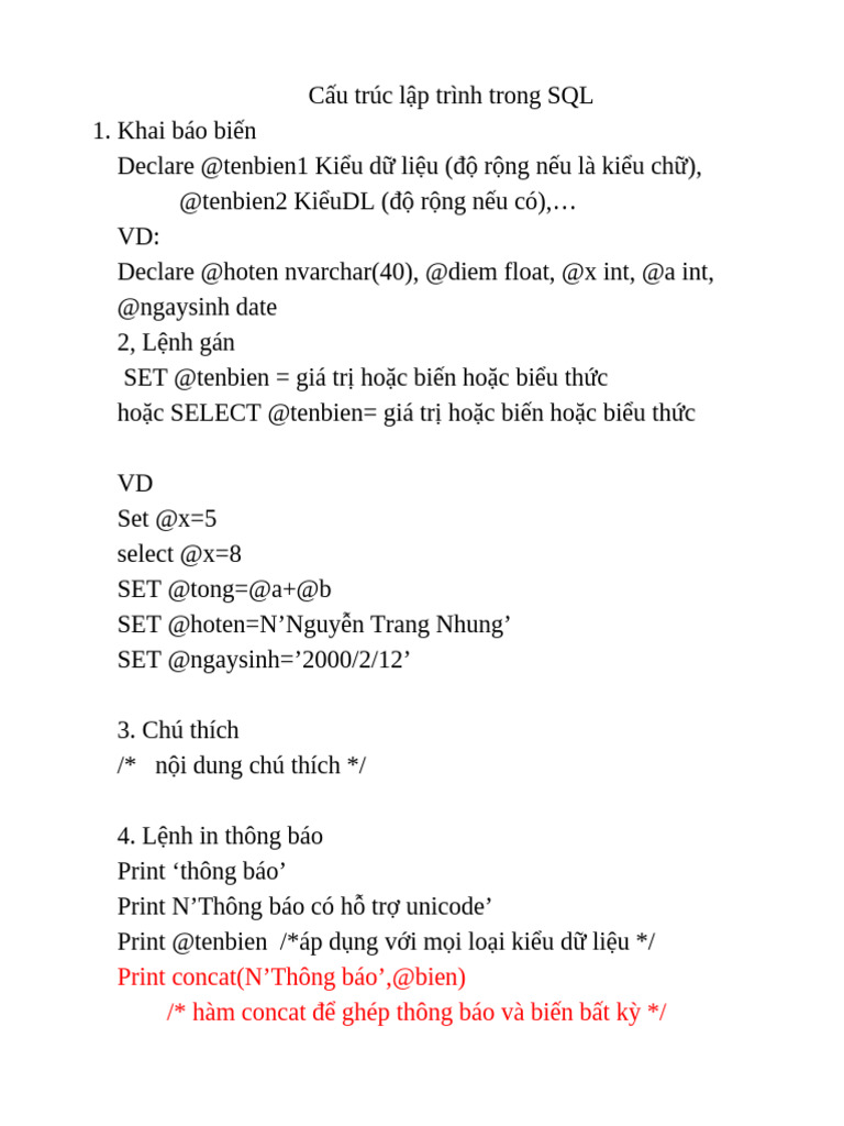 Cấu Trúc Lập Trình Trong SQL, Thủ Tục, Hàm, Trigger | PDF