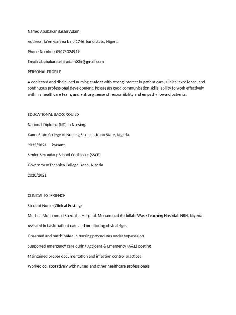 Nursing Student Profile and Experience | PDF
