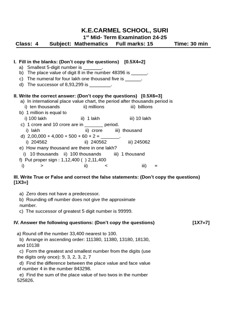 Class 4 Math Mid-Term Exam Paper | PDF