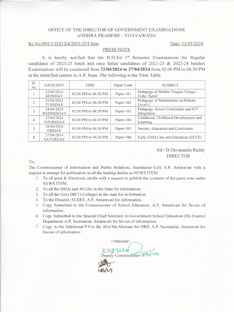 D.el.Ed 1st Sem 23-25batch Time Table Pressnote | PDF