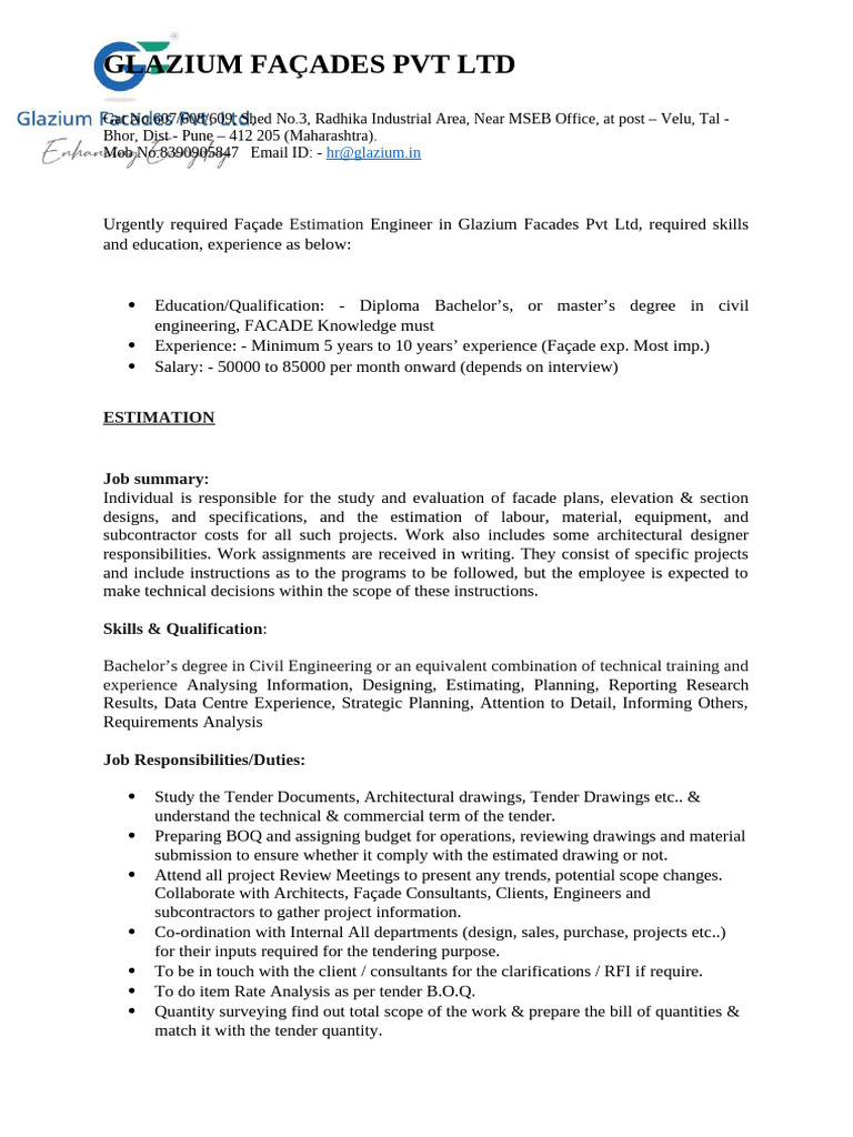 Facade Estimation Engineer - Glazium Facades PVT LTD | PDF | Business
