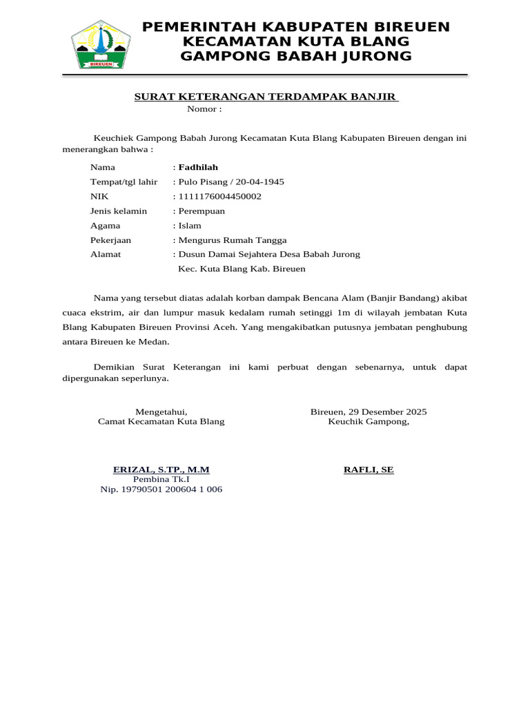 Surat Keterangan Korban Banjir Bireuen | PDF