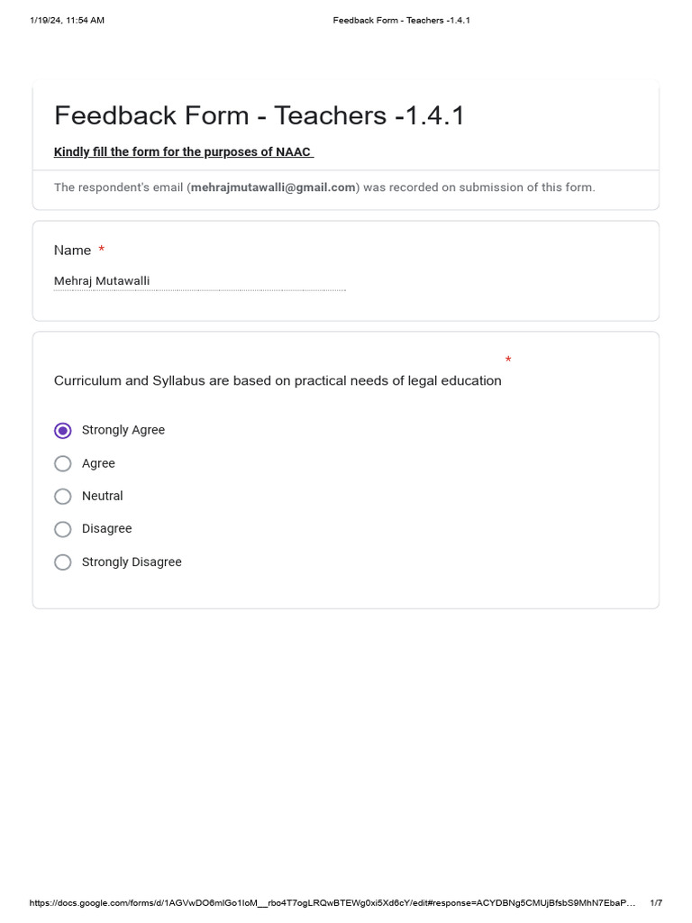 Teacher Feedback Form for NAAC Evaluation | PDF | Teachers | Curriculum