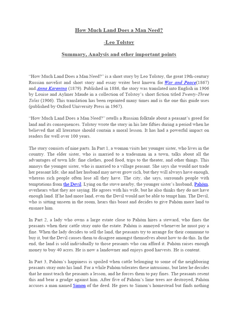 How Much Land Does a Man Needs Notes | PDF | Leo Tolstoy | War And Peace