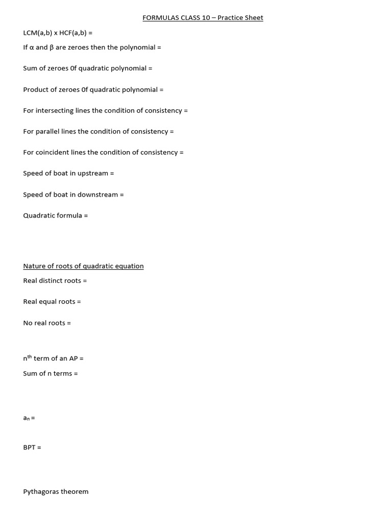Formulas Class 10-Pr Sheet | PDF