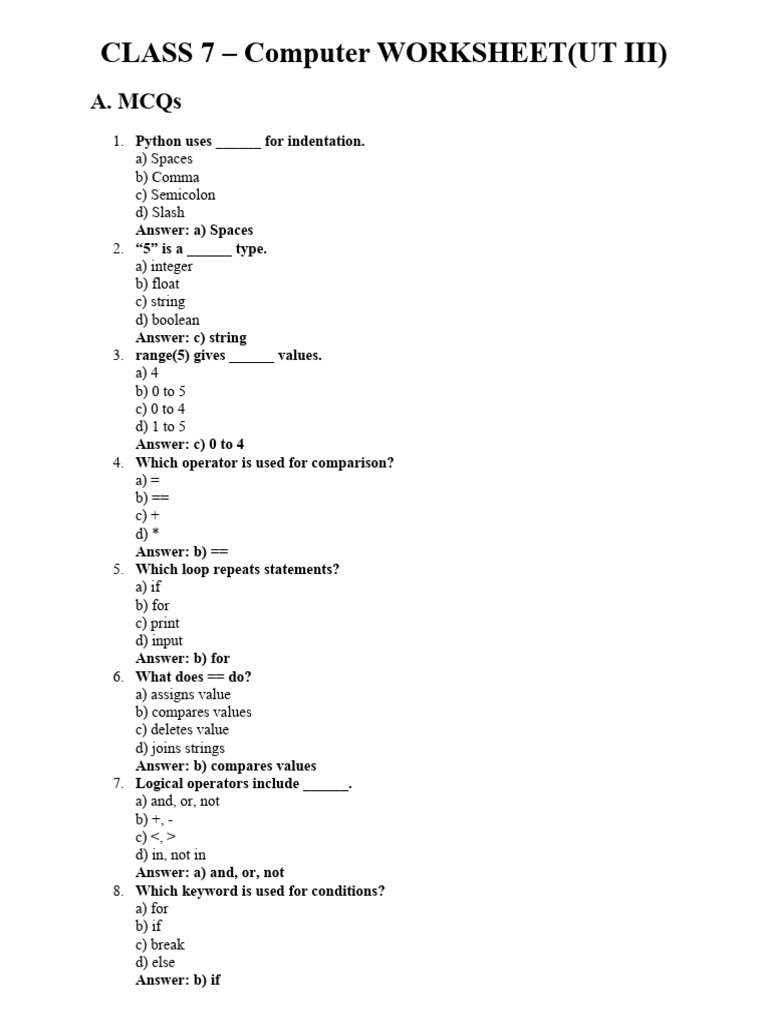 CLASS 7-computer-worksheet | PDF | Multiplication | Boolean Data Type
