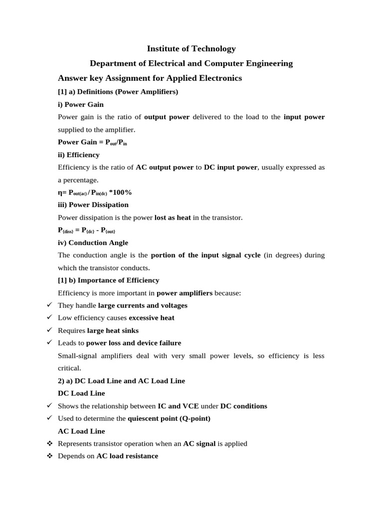 Applied Electronics Assignment Answer Key | PDF | Amplifier ...