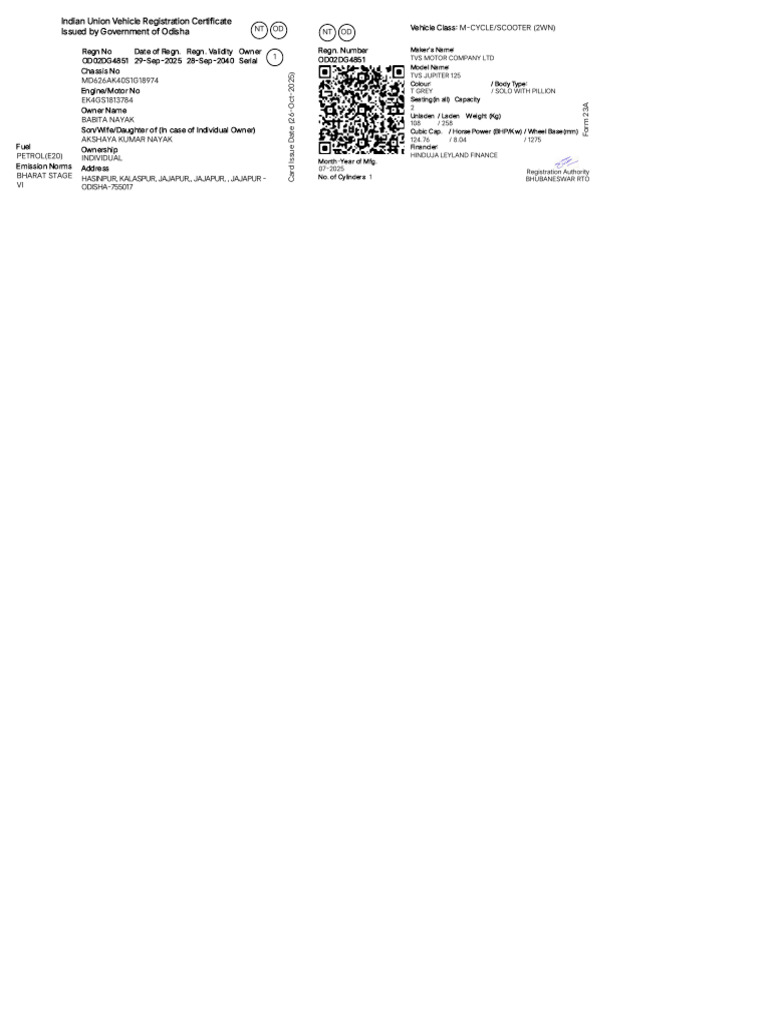 Odisha Vehicle Registration Certificate | PDF | Private Transport | Car