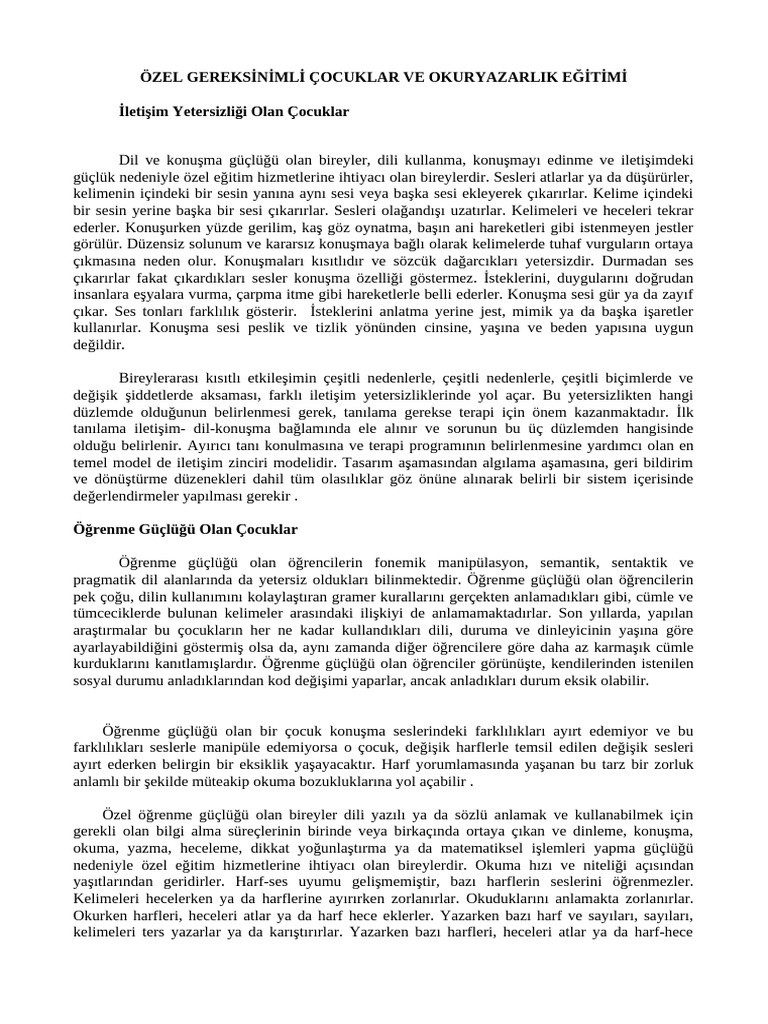 Ozel Gereksinimli Cocuklar Ve Okuryazarlik Egitimi | PDF