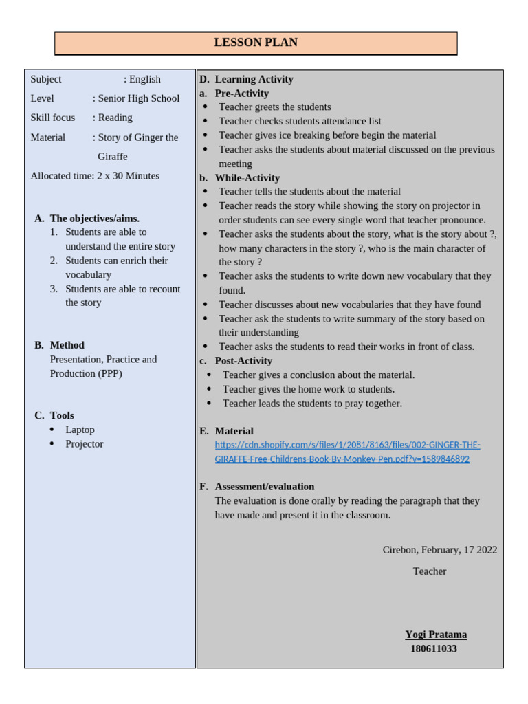 High School English Lesson Plan: Ginger the Giraffe | PDF | Teachers ...