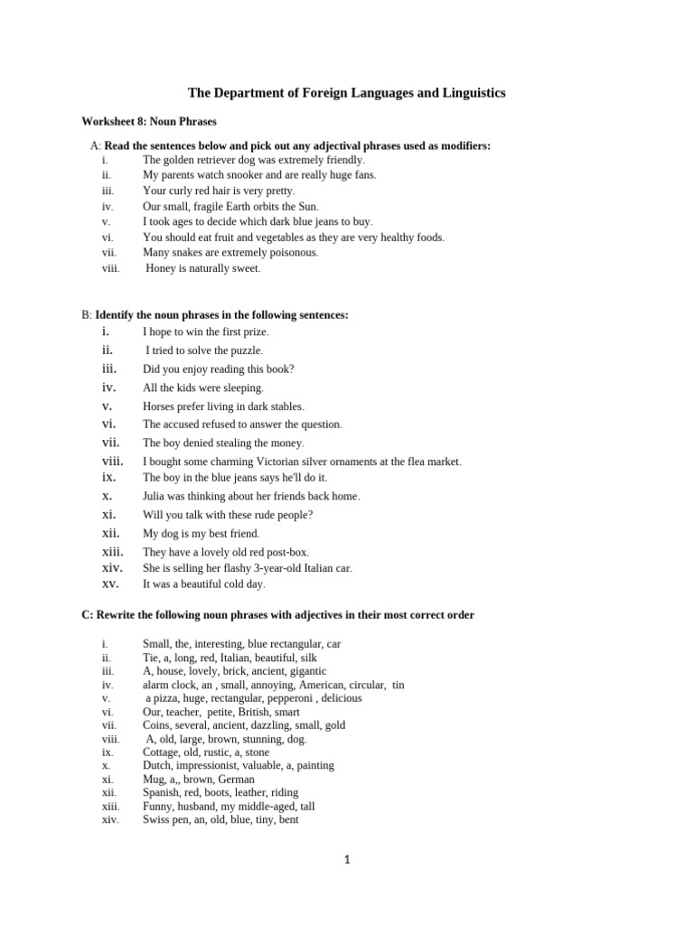 Worksheet 8 Noun Phrases | PDF