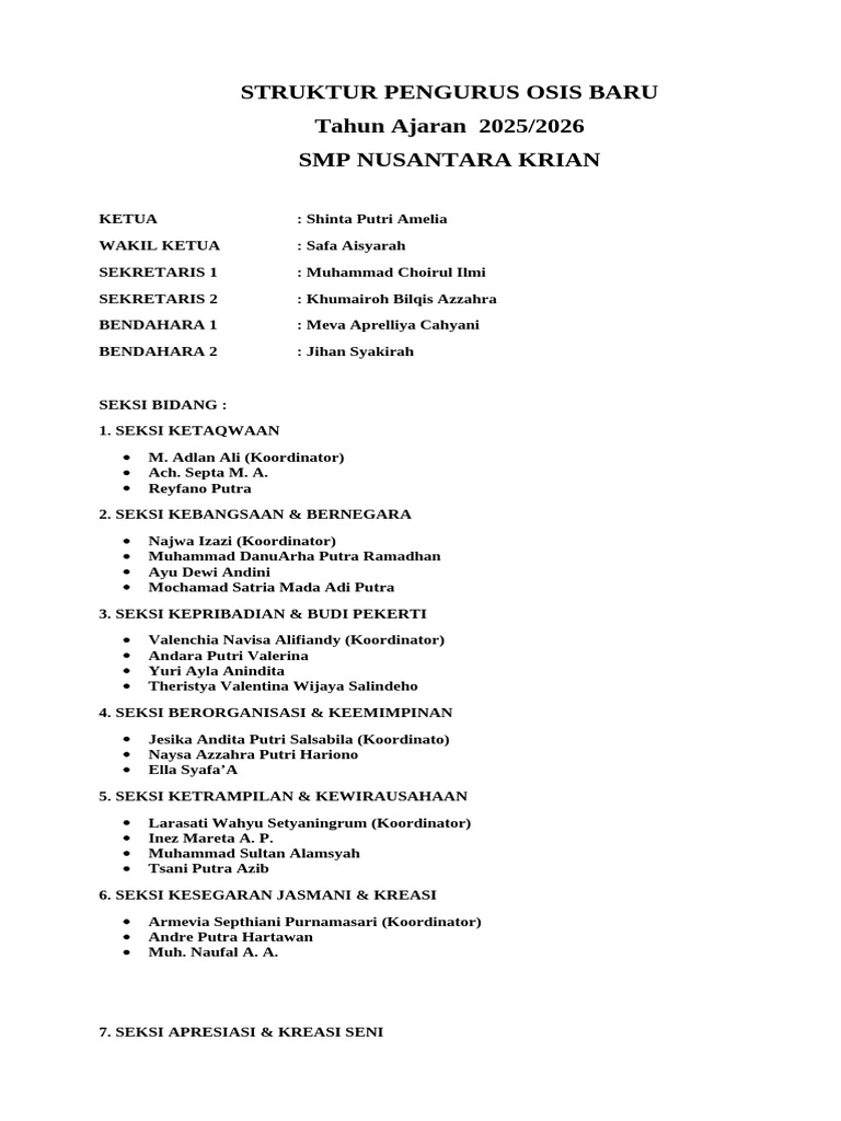 Struktur Pengurus OSIS SMP Nusantara 2025 | PDF
