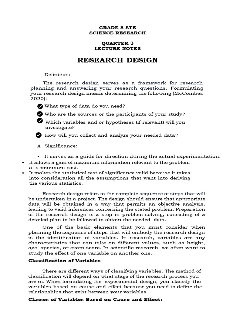 Grade 8 Science Research Design Guide | PDF | Sampling (Statistics ...