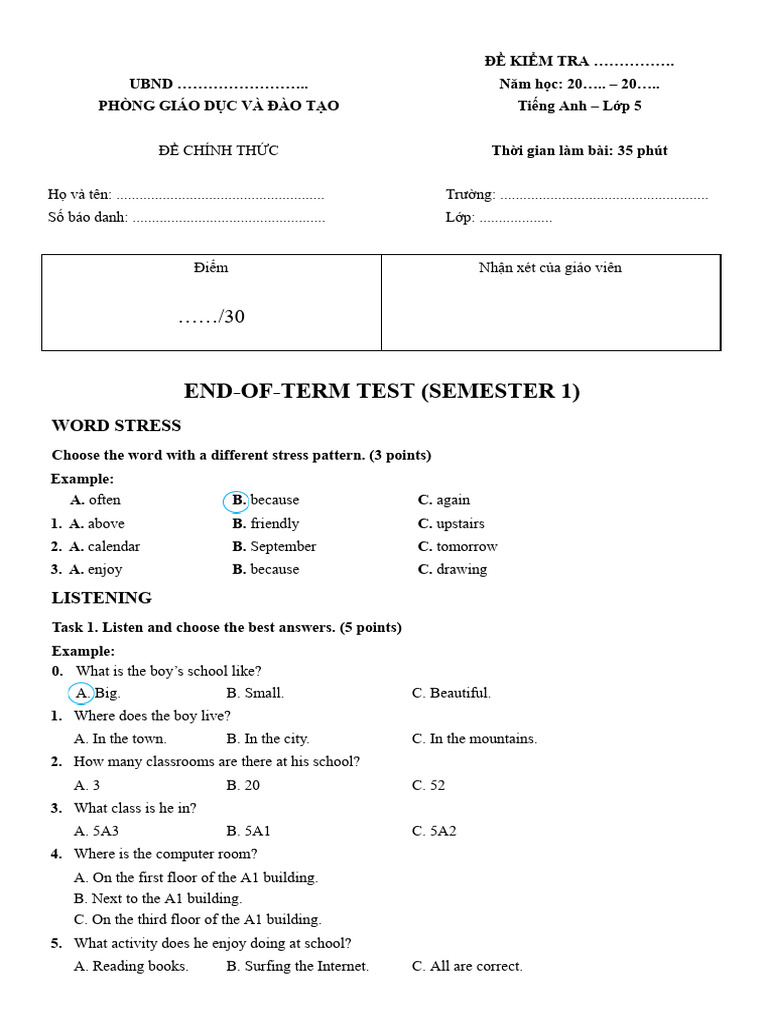 Grade 5 English Test Paper | PDF