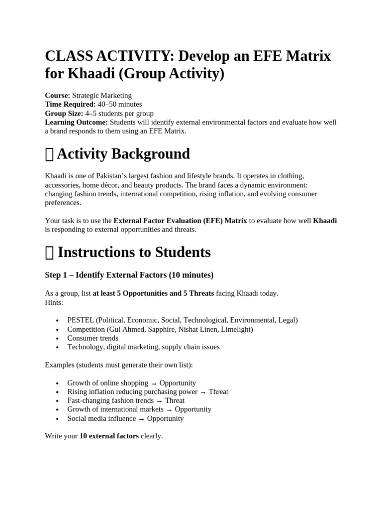 EFE Matrix Activity for Khaadi Analysis | PDF | Fashion | Weighted ...