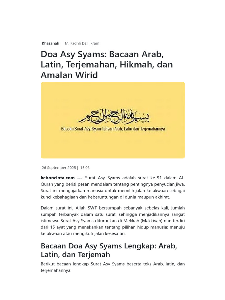 Doa Asy Syams: Bacaan dan Hikmah | PDF