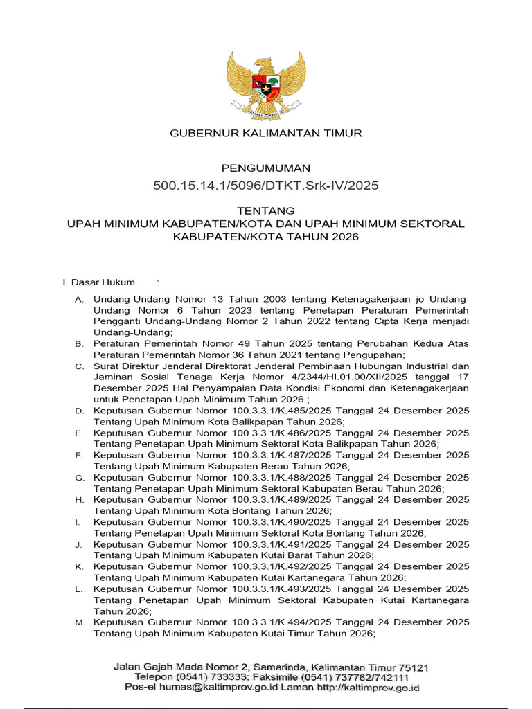 Upah Minimum Kalimantan Timur 2026 | PDF