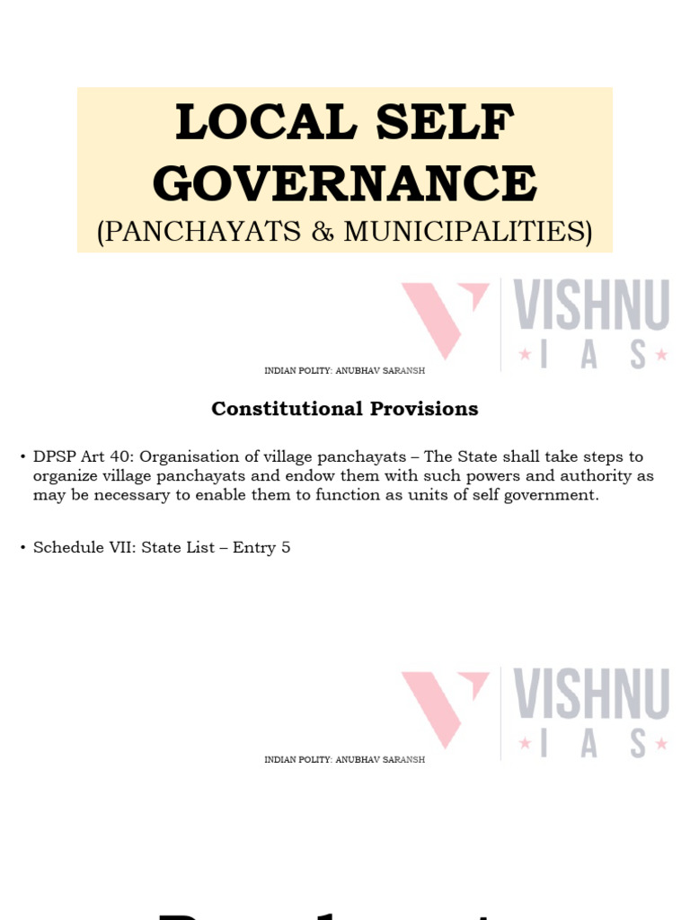 Local Self Governance in India: Panchayats & Municipalities | PDF