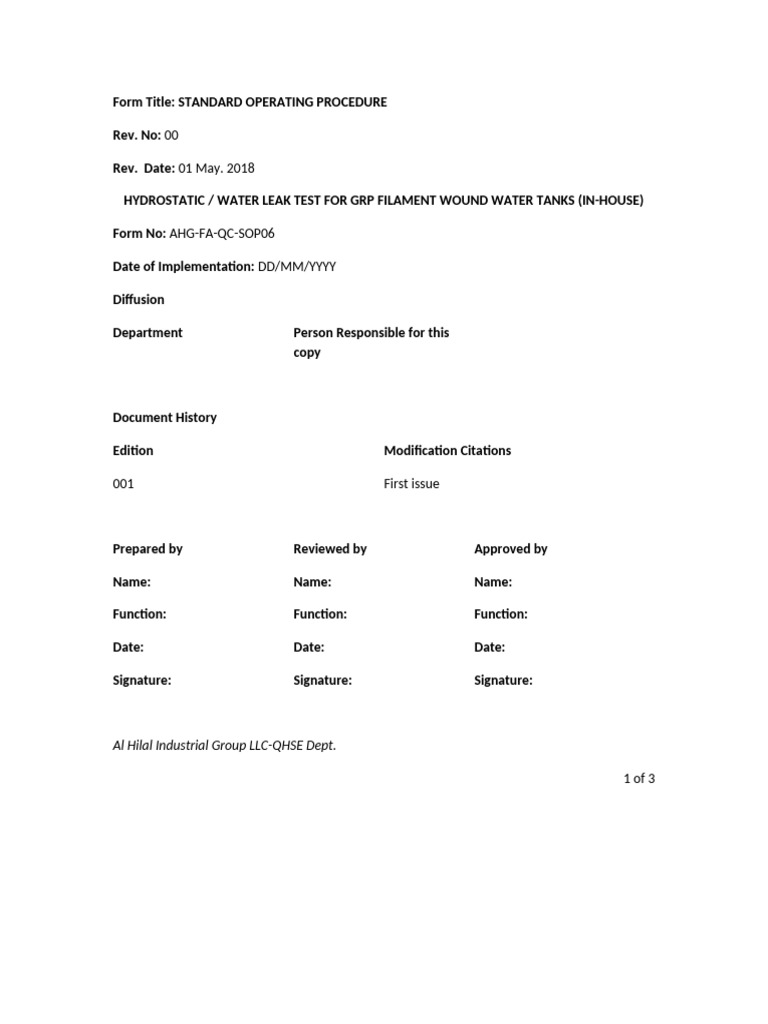 SOP Hydro Test GRP Water Tanks | PDF | Leak | Fiberglass