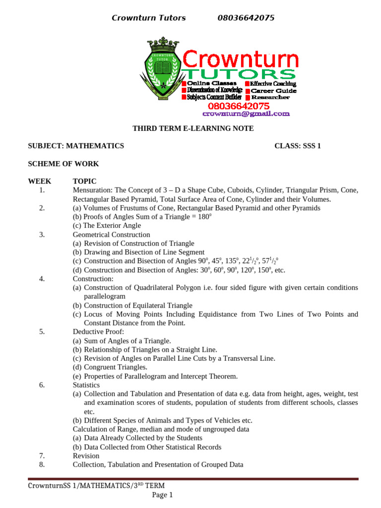 SSS 1 Mathematics E-Learning Notes | PDF | Rectangle | Triangle