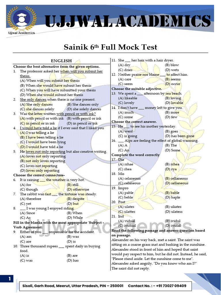 Sainik 6th Full Mock Test Questions | PDF | Apsis | Circle