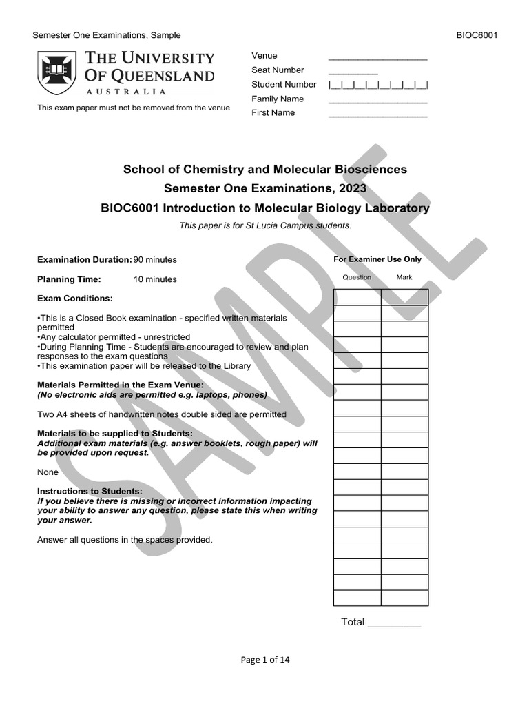 Semester 1 Examinations 2025 BIOC6001 Sample-2 | PDF | Primer ...