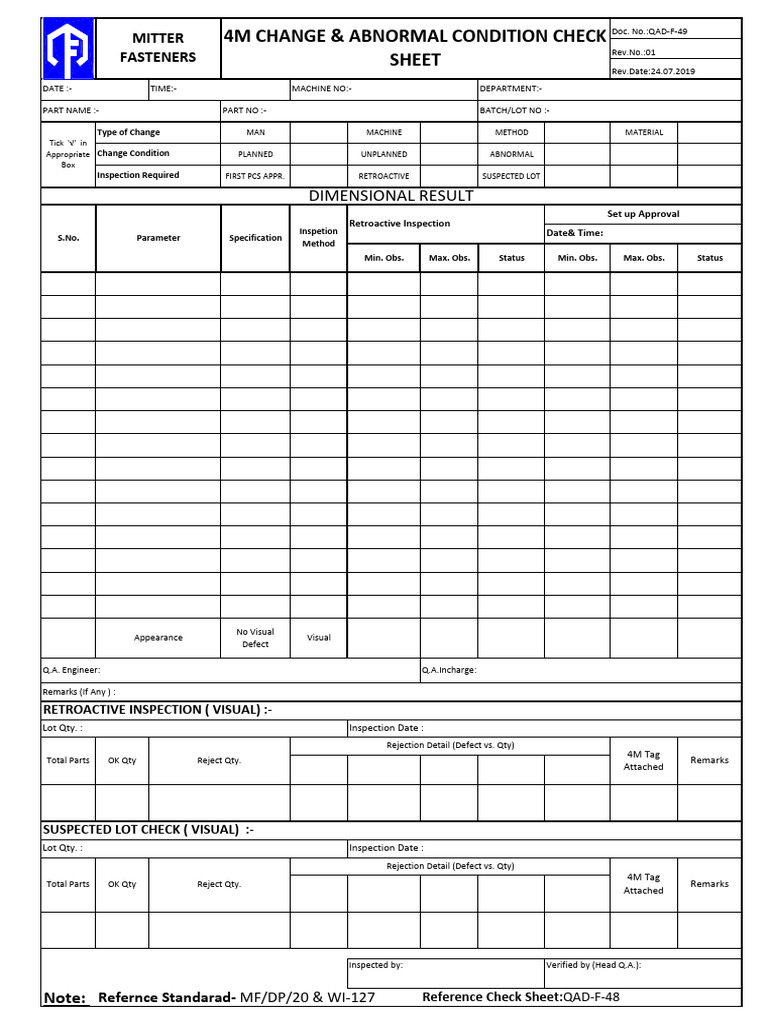 QAD-F-49 4M Retroactive & Set Up Check Sheet | PDF | Quality