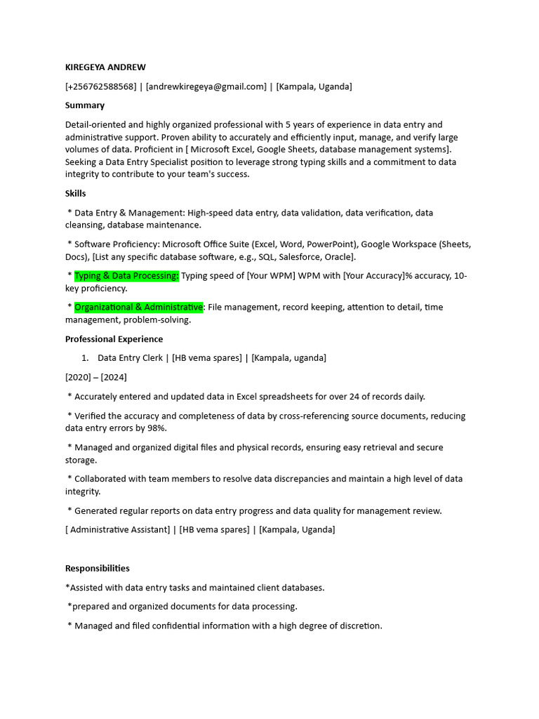 Data Entry Specialist Resume - Uganda | PDF