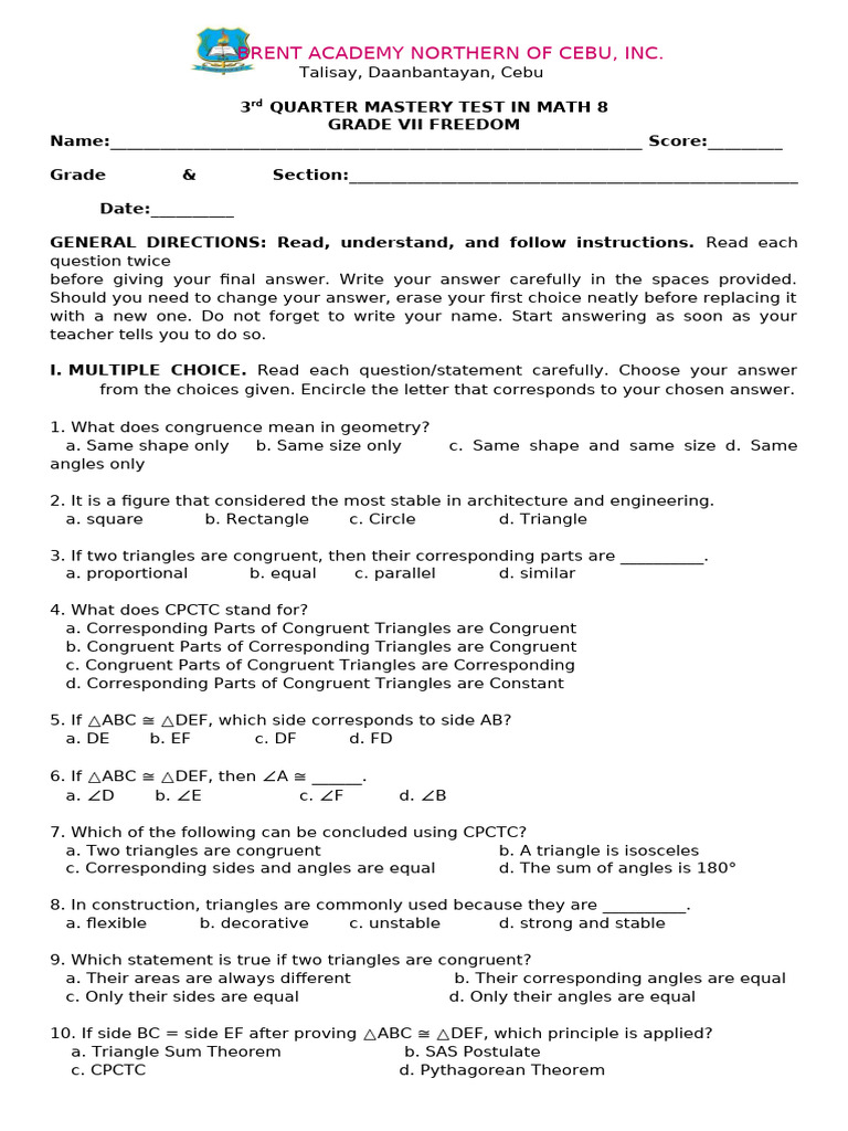 Math 8 Mastery Test: Congruence Concepts | PDF | Triangle | Euclidean ...