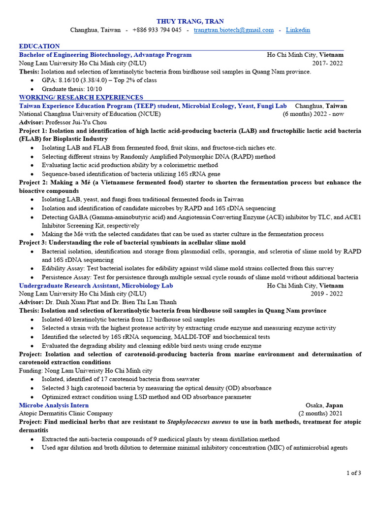 Biotechnology Research and Experience Summary | PDF | Microbiology ...