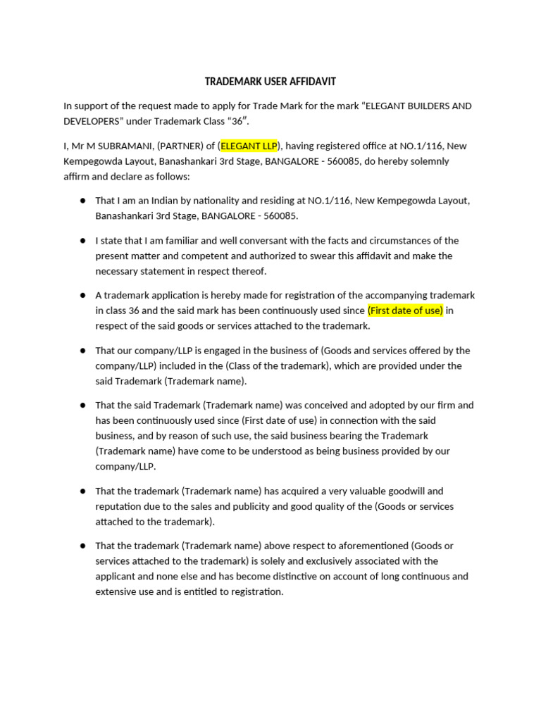 Sample of Trademark User Affidavit | PDF | Affidavit | Trademark