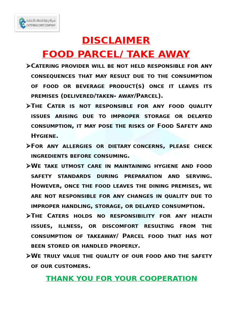 Food Safety Disclaimer for Takeaway Orders | PDF
