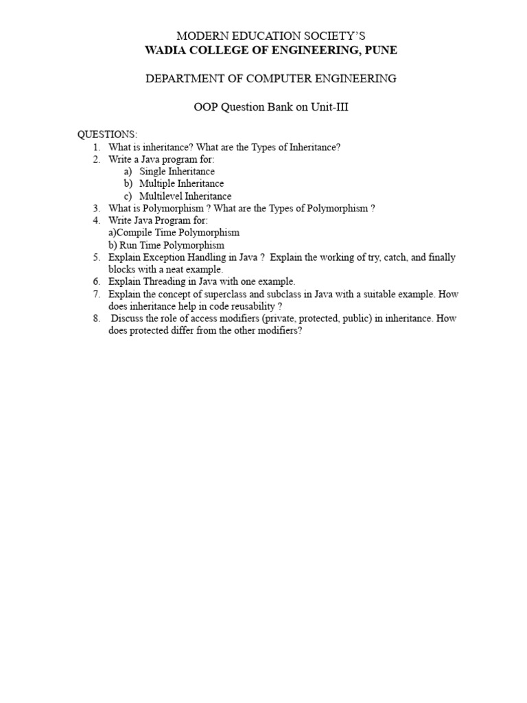 OOP Question Bank for Java Programming | PDF