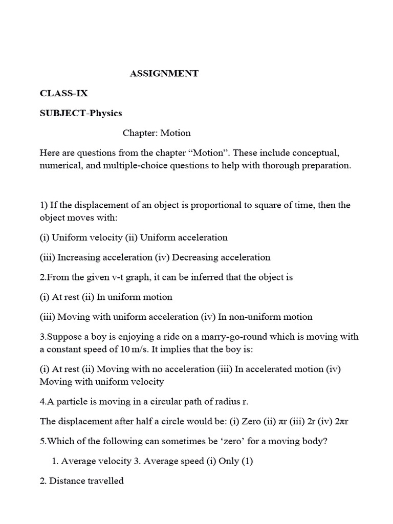 Physics Motion Assignment for Class IX | PDF | Buoyancy | Sound