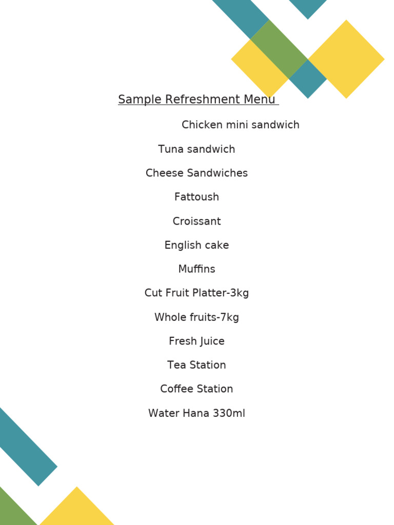 Sample Refreshment Menu (AutoRecovered) | PDF