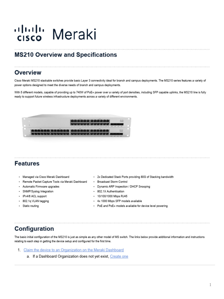 Cisco Meraki MS210 Switch Overview | PDF | Computer Network | Network ...