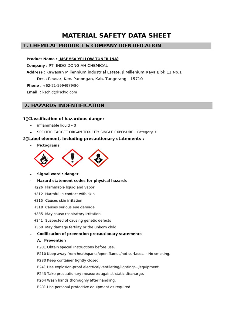 22 Msp#60 Yellow Toner (Msds_dongah) | PDF | Dangerous Goods | Waste