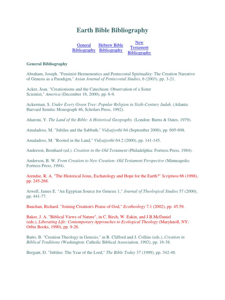 Earth Bible Bibliography | Genesis Creation Narrative | Bible | Free 30 ...