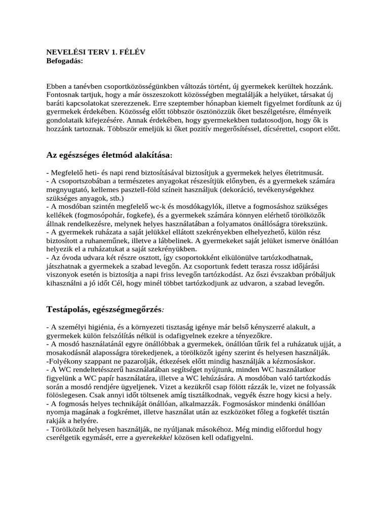 Nevelési Terv 1.félév | PDF