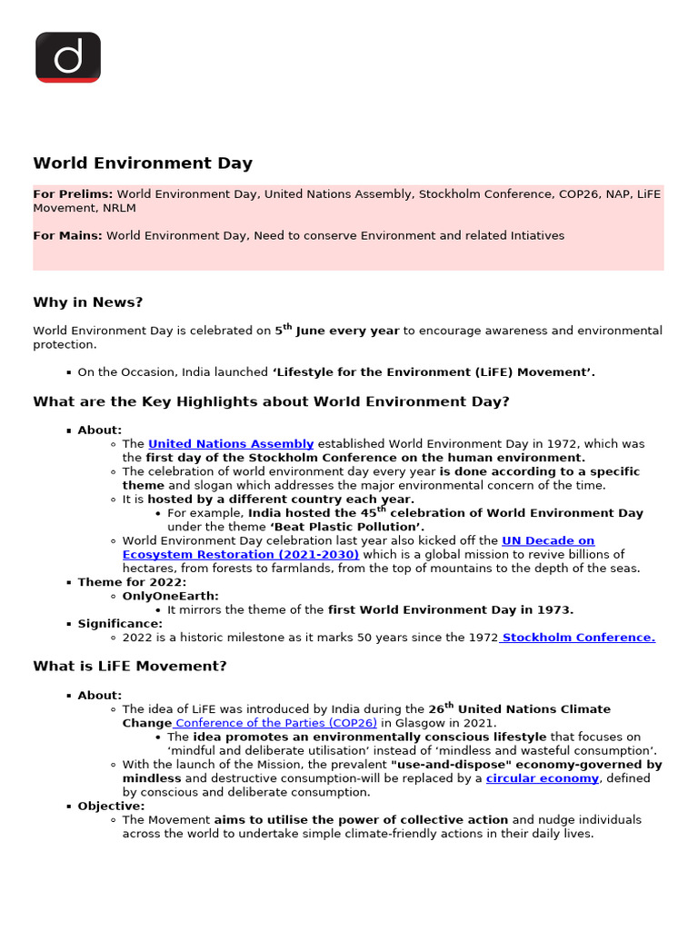 World Environment Day: Why in News? | PDF | Malaria
