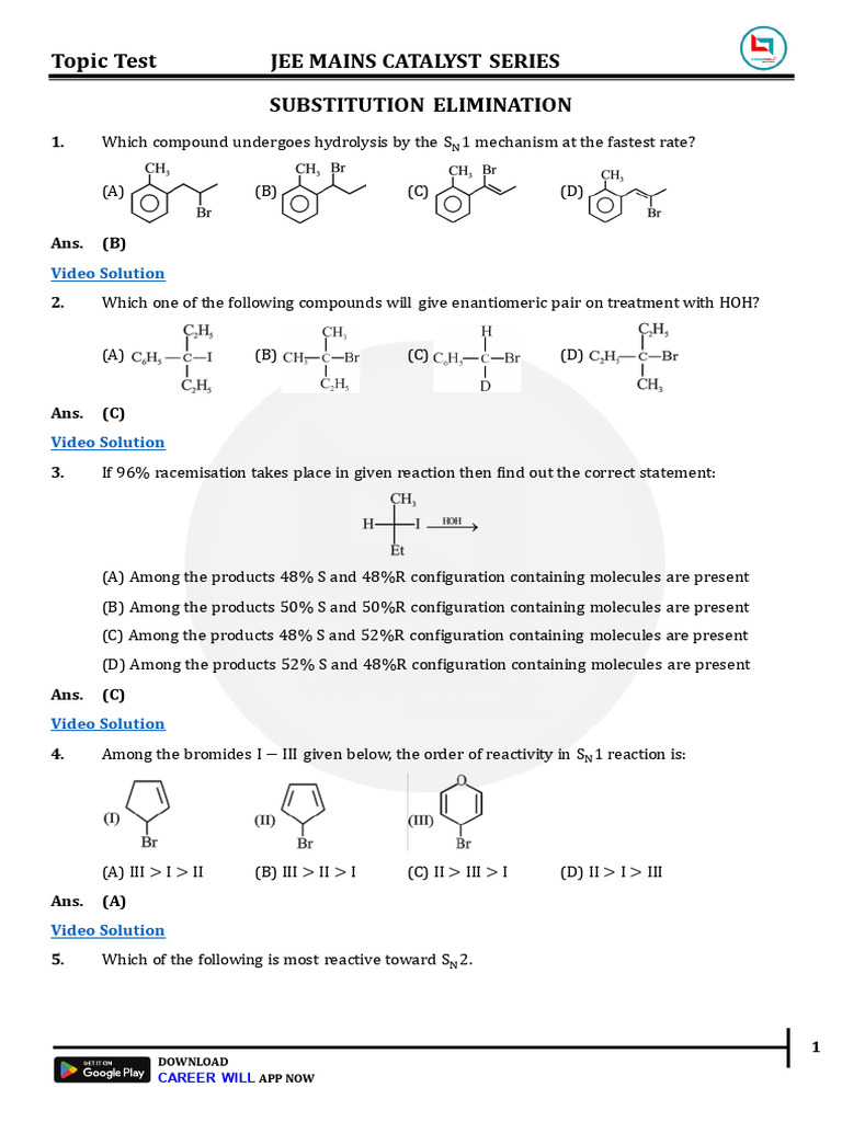 Substitution Elimination - (Video Solution) | PDF | Chemical Reactions ...