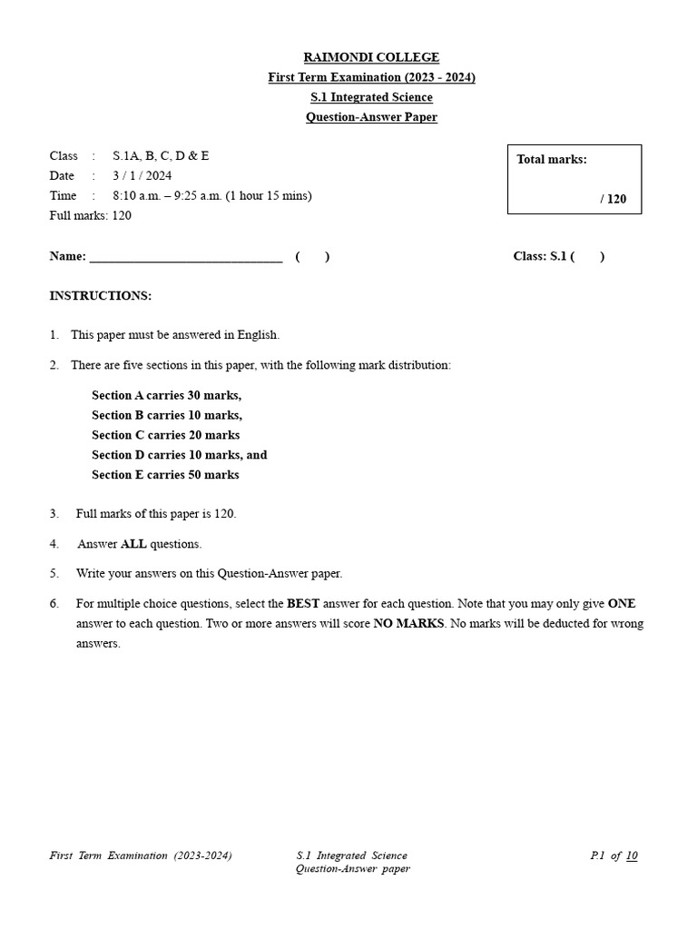 Integrated Science_2324 S1 is E1 Blank Paper | PDF | Atmosphere Of ...