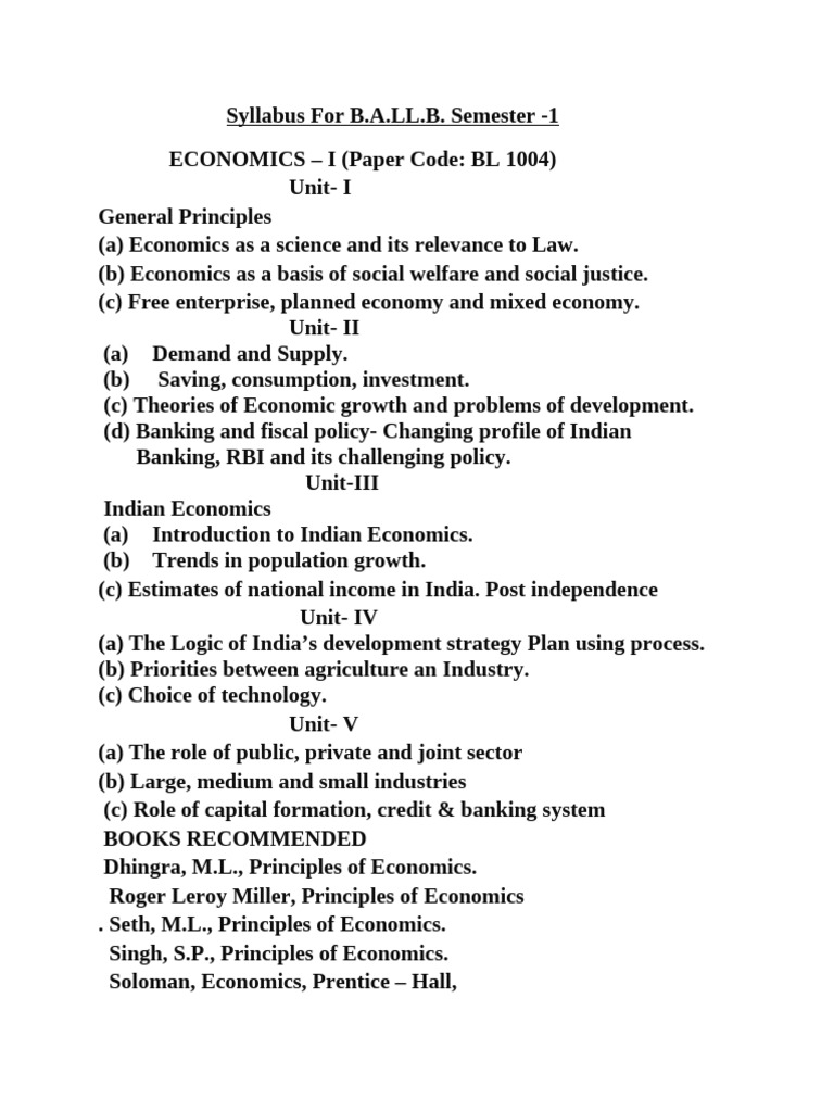 Syllabus for BA.ll.B-Ist SEM Economics | PDF