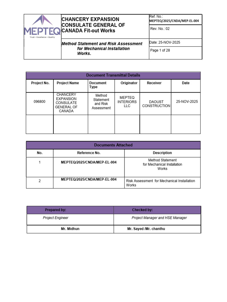 Method Statement for Mechanical Works | PDF | Duct (Flow) | Pipe (Fluid ...