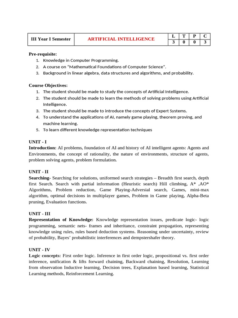 AI Syllabus | PDF | Artificial Intelligence | Intelligence (AI) & Semantics