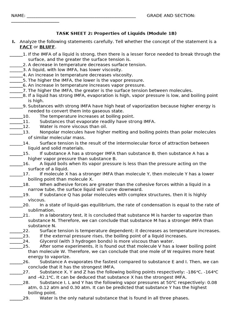 Task Sheet 2 - General Chemistry 2 | PDF | Liquids | Water