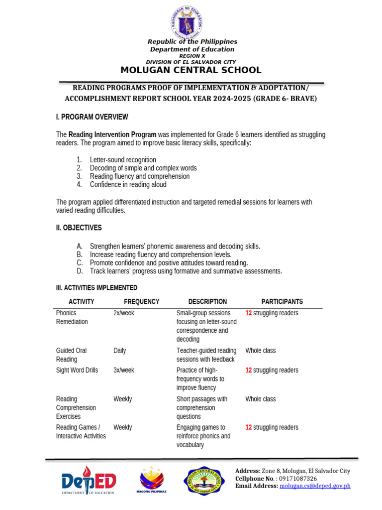 Grade 6 Reading Program Report 2024-2025 | PDF | Reading Comprehension ...